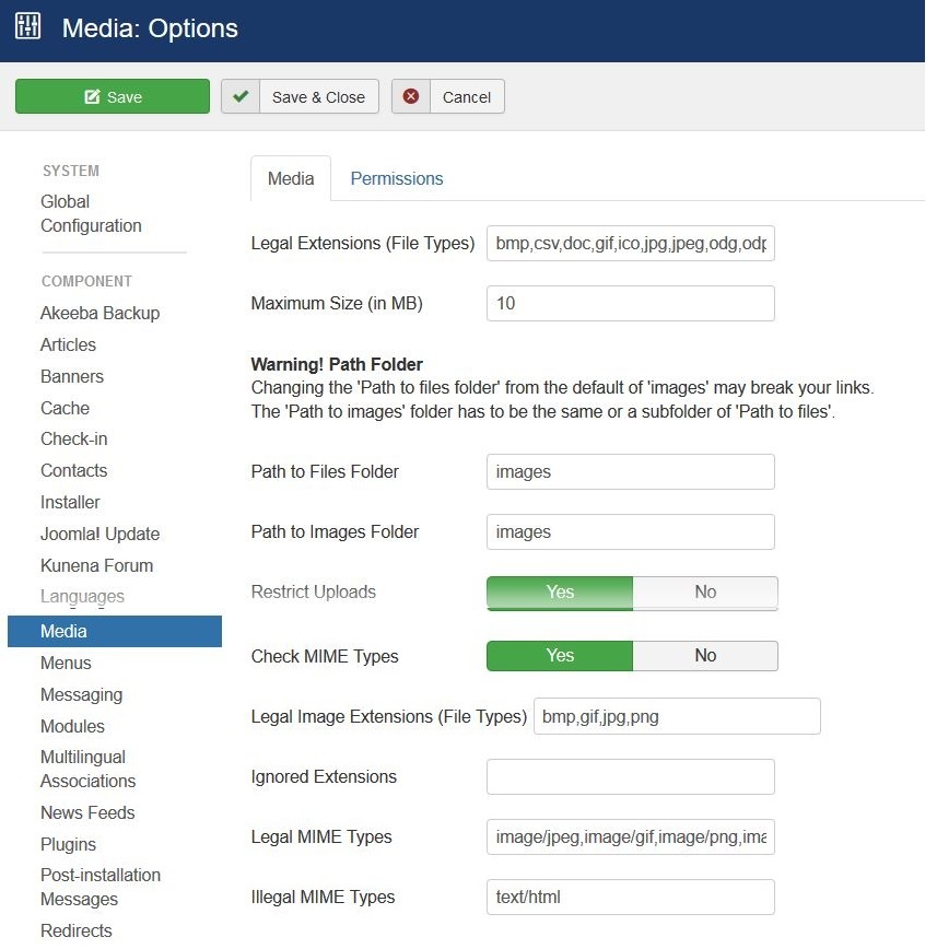 Joomla Media Settings - Studyopedia