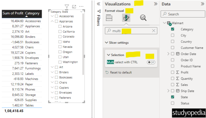 Power BI - Select multiple values from a slicer - Studyopedia