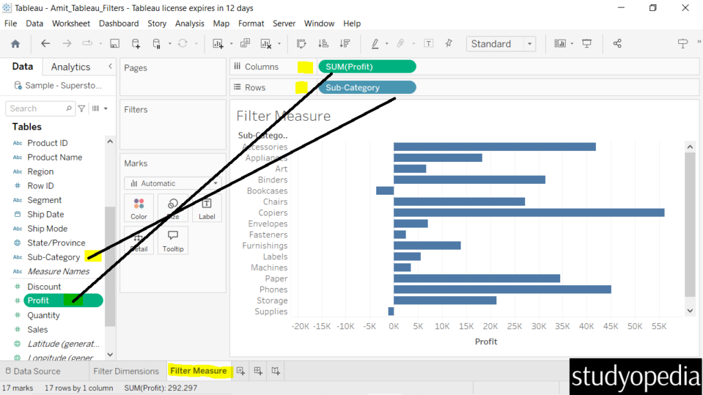 Tableau - Filter Measures - Studyopedia