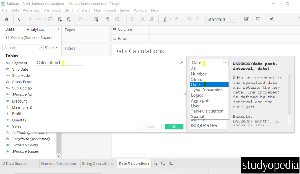 Tableau - Date Calculations - Studyopedia