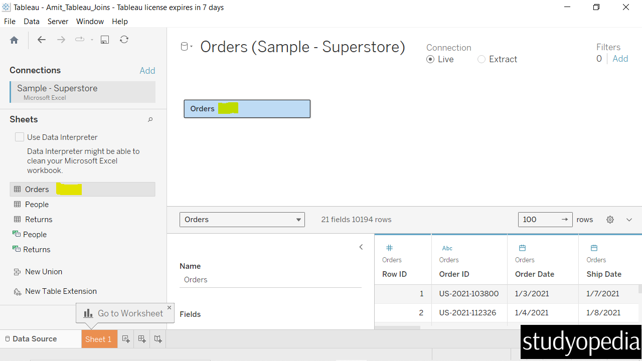 Joins in Tableau - Studyopedia