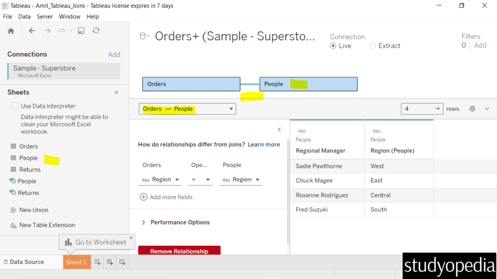 Joins in Tableau - Studyopedia