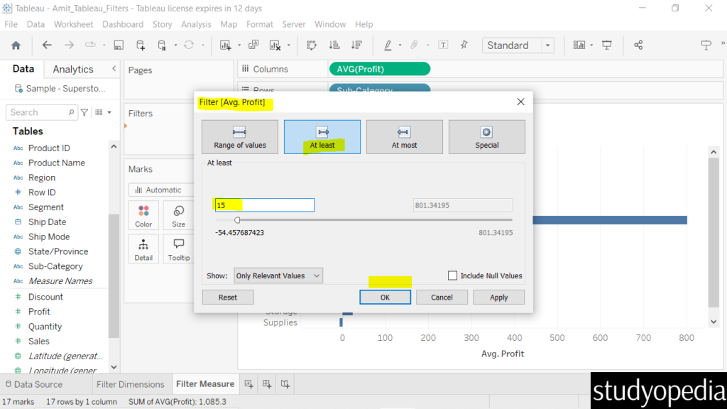 Tableau - Filter Measures - Studyopedia