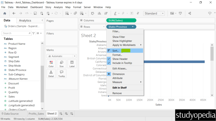 Create a Dashboard in Tableau - Studyopedia